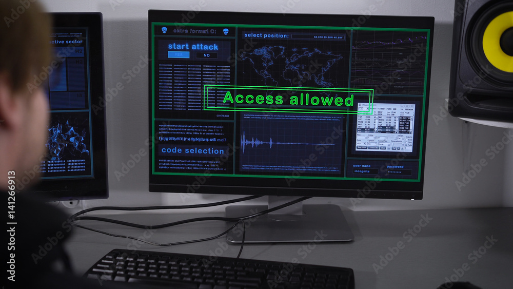 Back view of professinal hacker making cyber attack on network of the ...