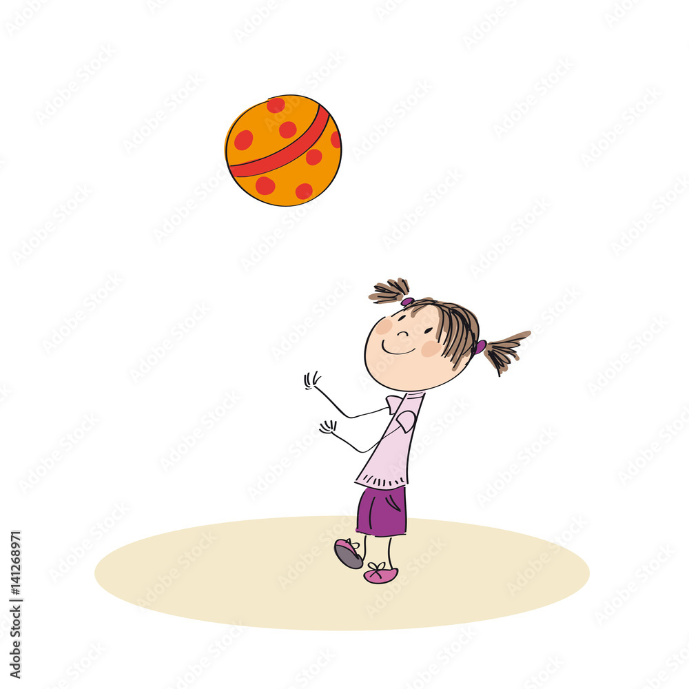 Happy girl playing with ball - original hand drawn illustration Stock ...