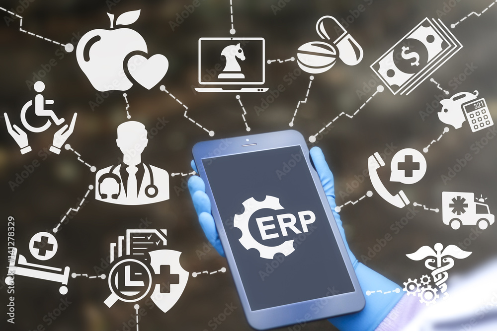 ERP (Enterprise Resource Planning) healthcare concept. Doctor holds ...