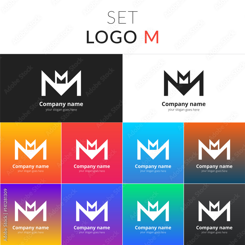 Letter M logo. Set abstract double icon M with colorful gradient ...
