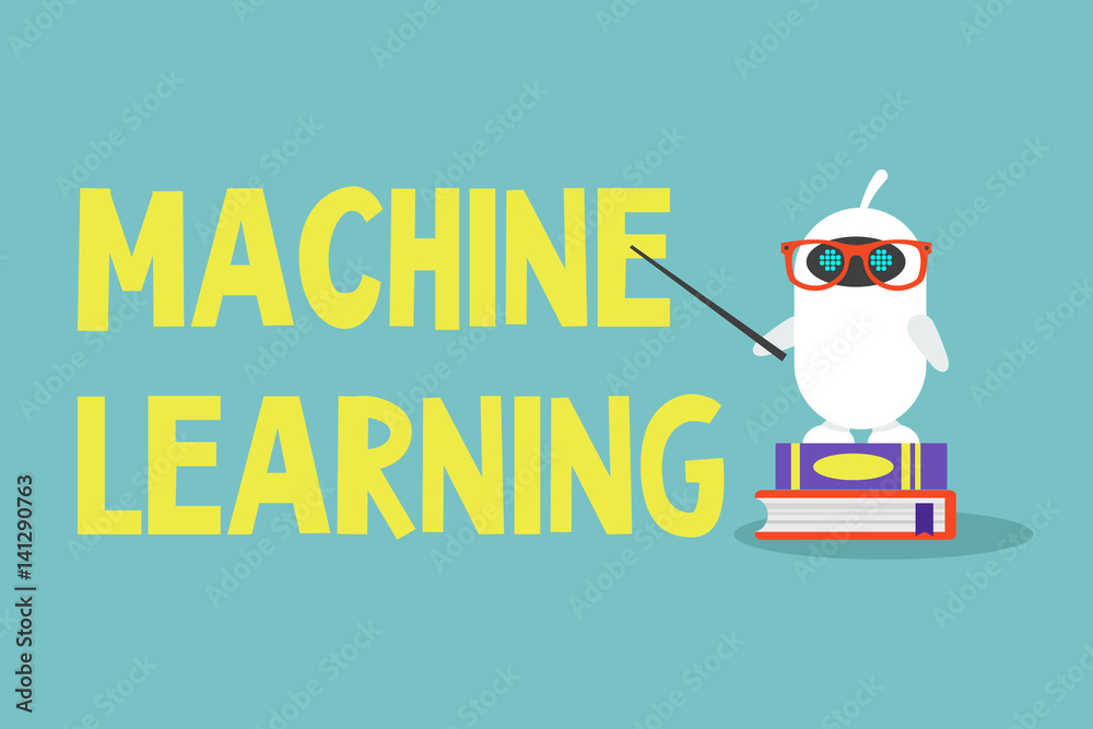 Machine learning concept. Cute cartoon robot standing on a pile of ...