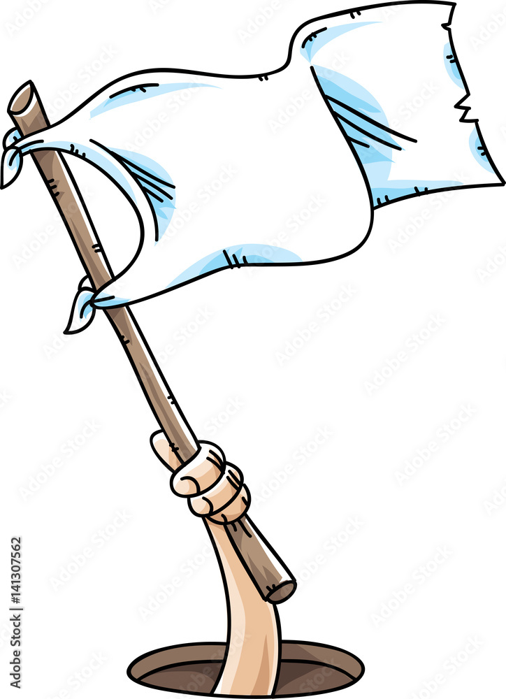 A cartoon hand holding up a white flag of surrender from a hole. Stock ...