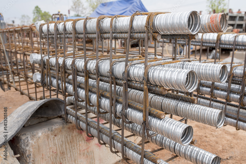 reinforced steel beam and column precast concrete in construction site ...