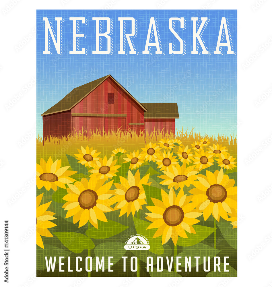 Nebraska travel poster or sticker. Vector illustration of sunflowers in ...