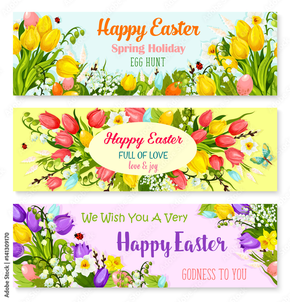 Easter spring holiday greeting vector banners set Stock ベクター | Adobe Stock