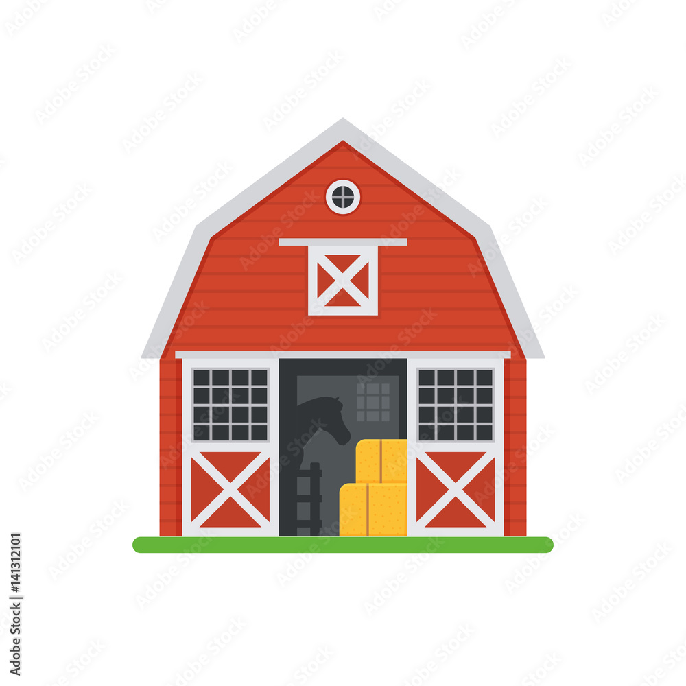 Red horse barn vector illustration. Wooden stables building with opened ...