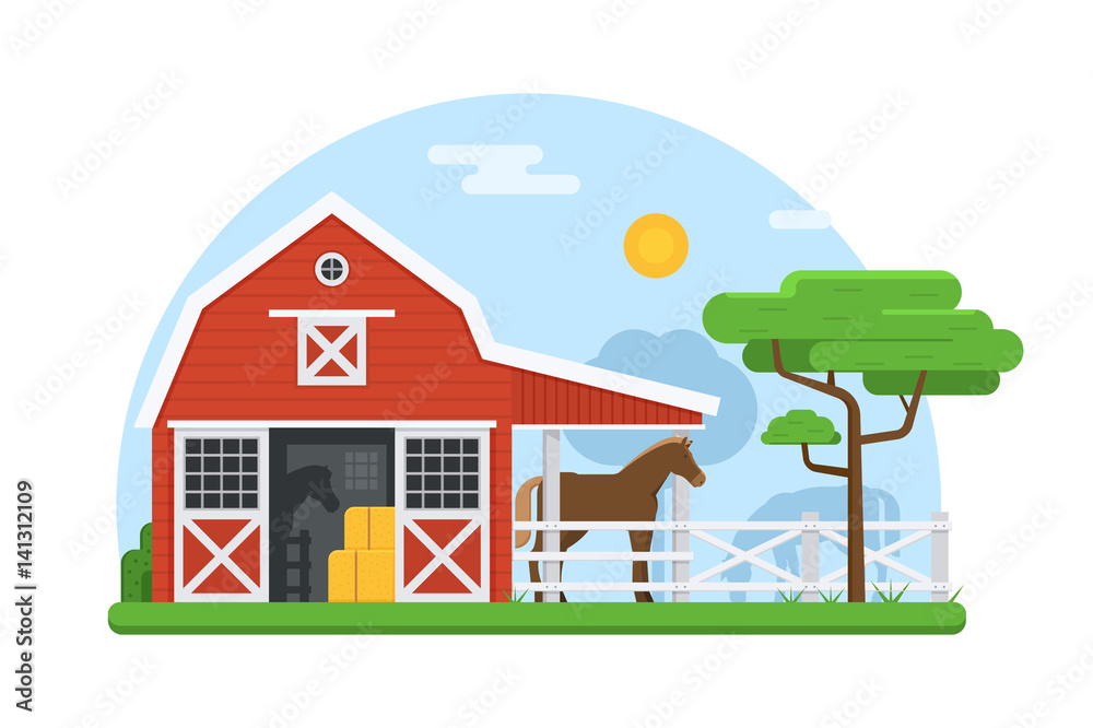 Rural landscape of horse breeding farm stable with horses in paddock ...