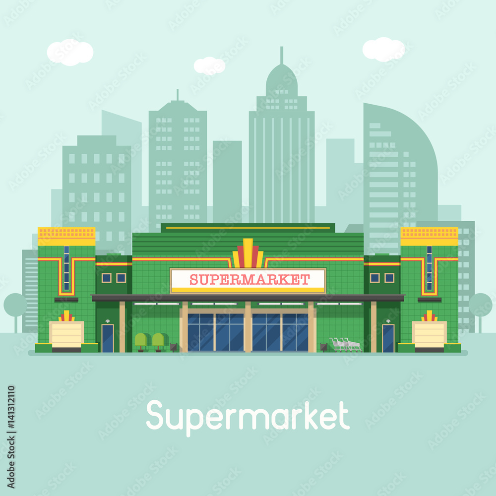 Supermarket building concept vector illustration. Large food store ...