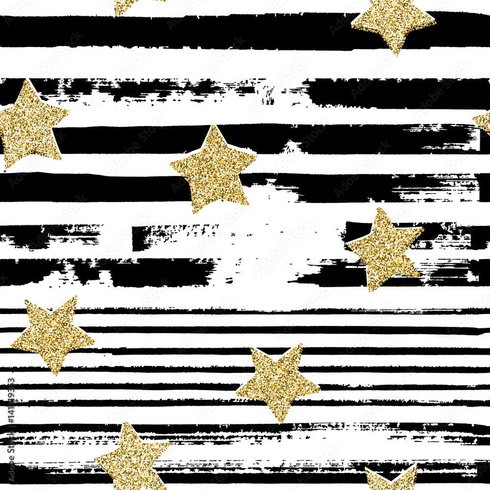 Gold glitter stars on hand drawn striped repeating background. Glitter ...