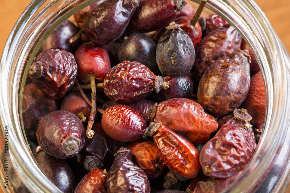 Dry Briar rose in jar, top view, close up, macro Stock Photo | Adobe Stock