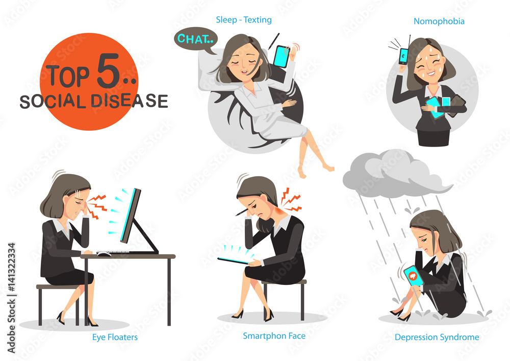 Addicted to social.Business woman sick and five common diseases ...