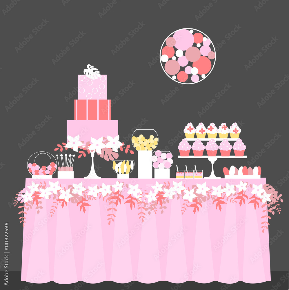 Wedding dessert bar with cake. Birthday sweet table. Candy Buffet. Pink ...