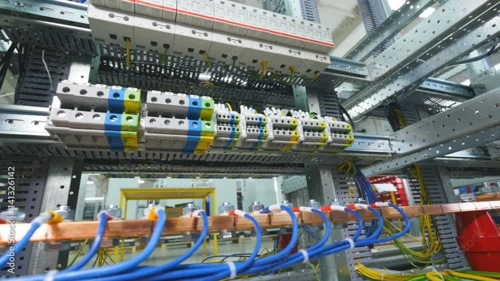 Electrical substation. Electrical rack with cables, wires and ...