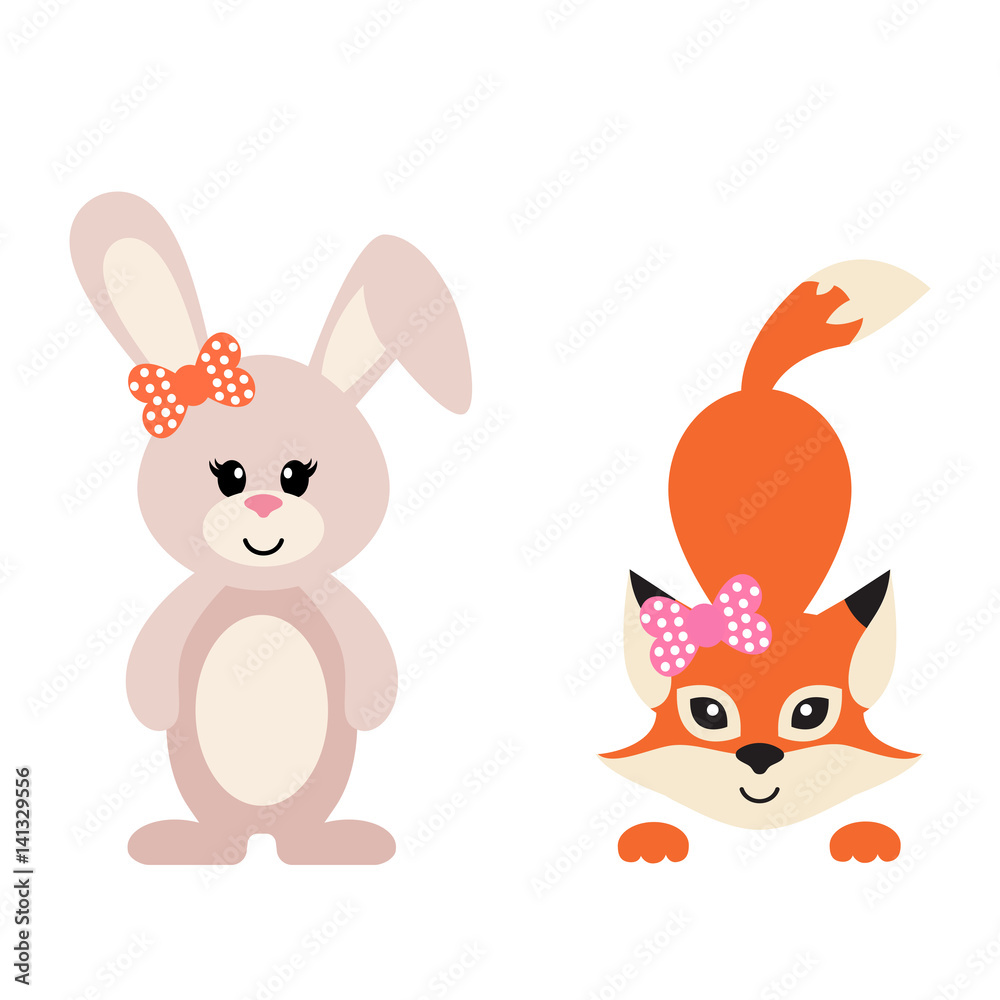 cartoon bunny and fox girl with bow vector Stock Vector | Adobe Stock
