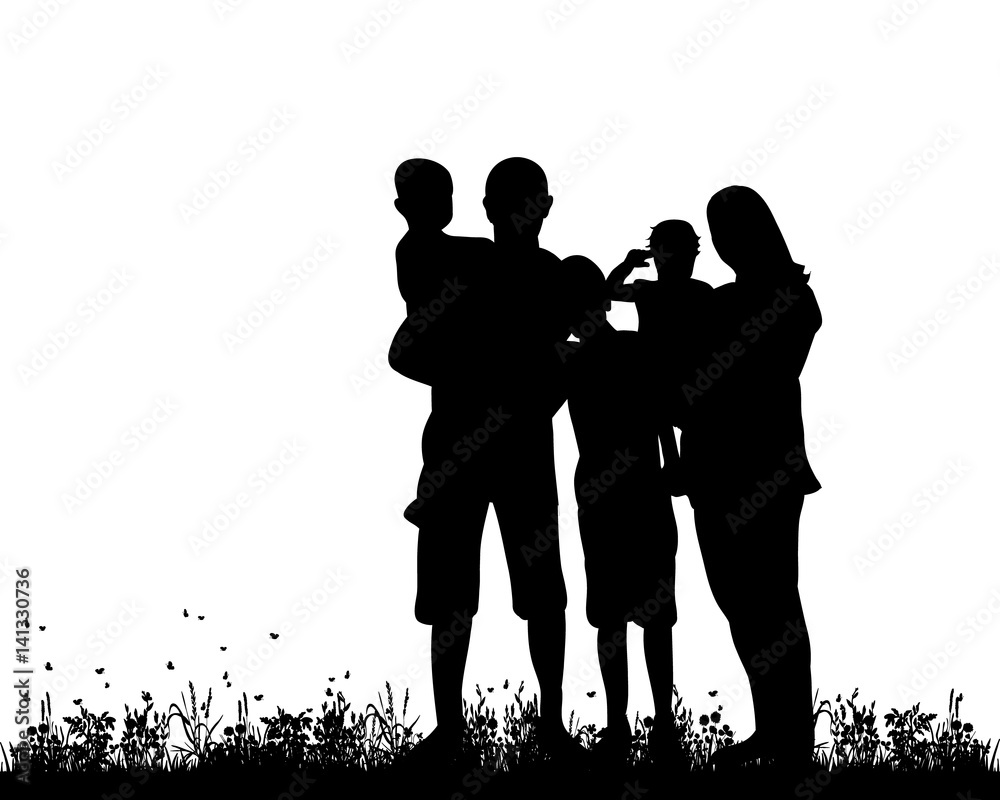 Vector, silhouette family with three children Stock Vector | Adobe Stock