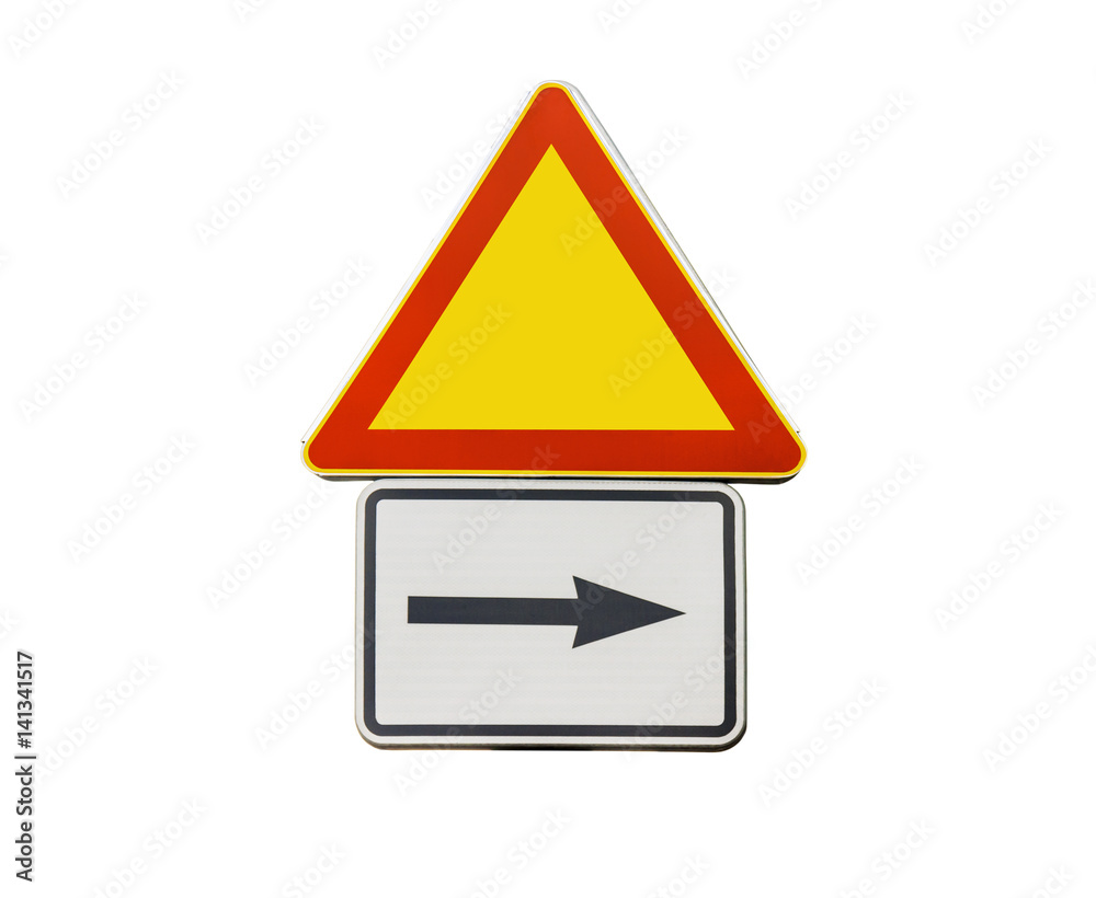 Road sign for right arow and red triangle sign isolated Stock Photo ...