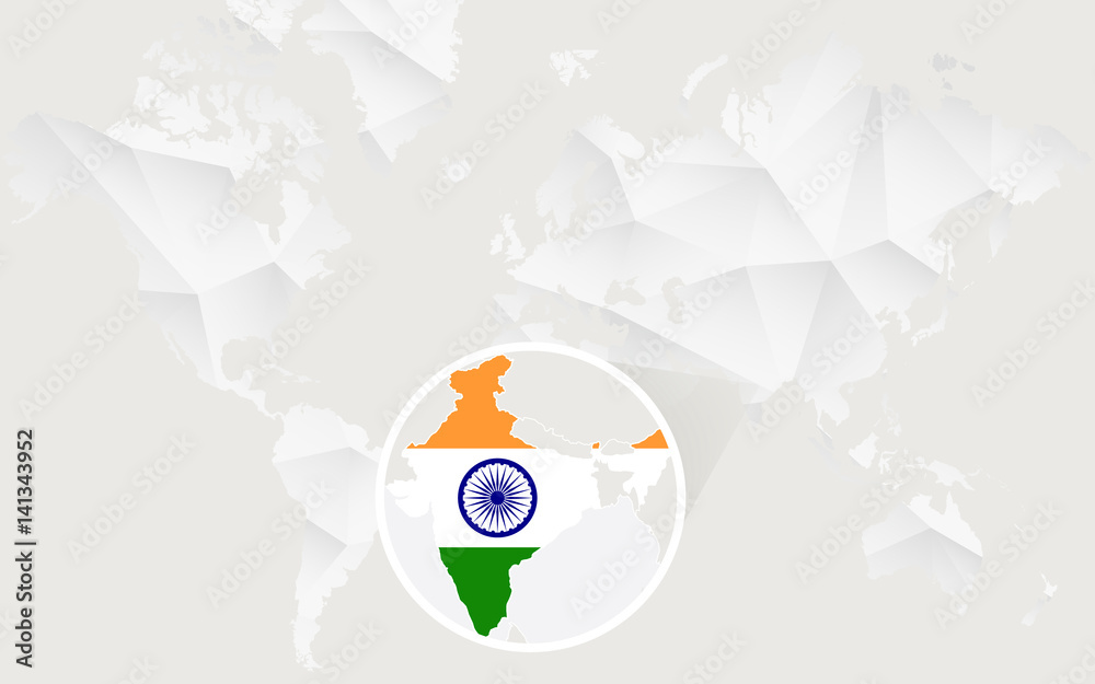India map with flag in contour on white polygonal World Map. Stock ...