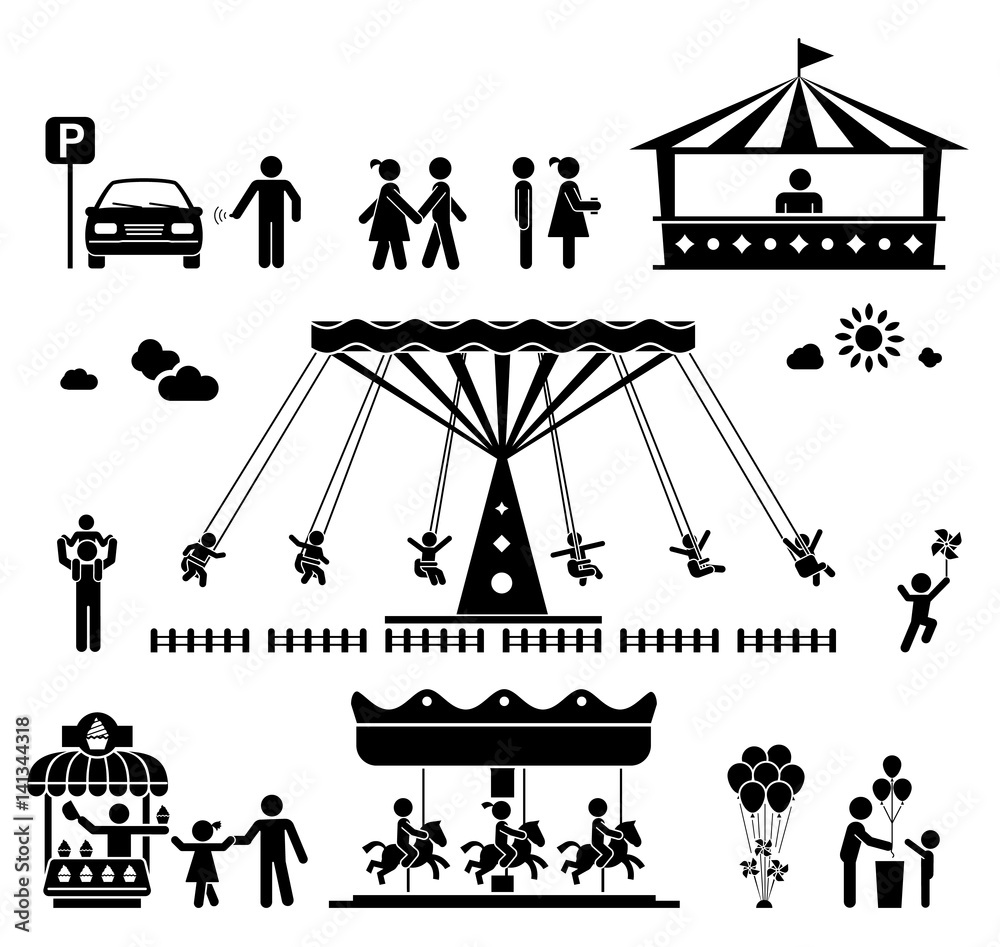 Amusement Park pictograms. Children play on playground. Icons set fun ...