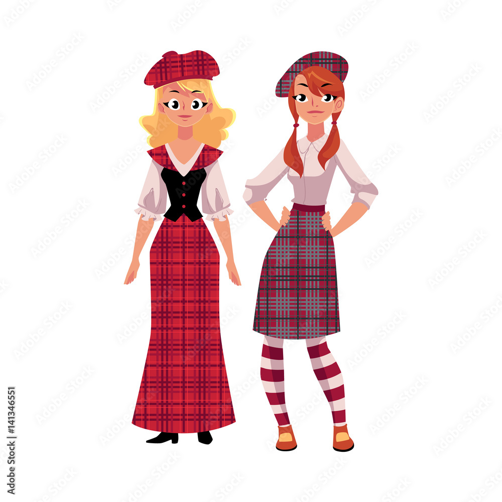 Two Scottish women in traditional and modern national clothes, tartan ...