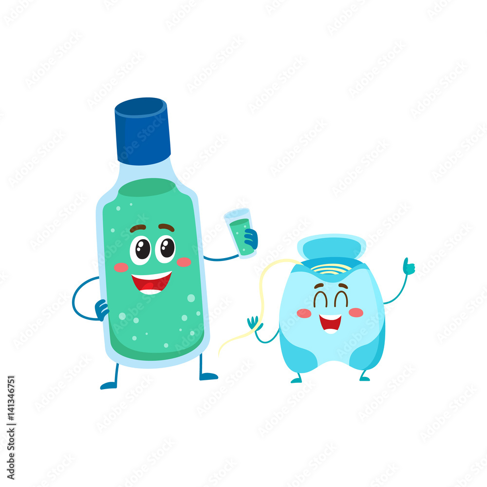Funny dental floss and mouthwash, mouth rinse character, teeth care ...