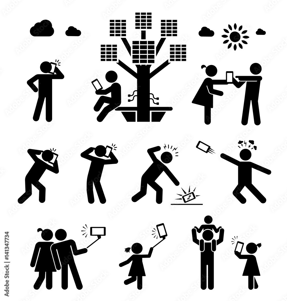 Usage of cell phone in modern living. Set of pictograms representing ...