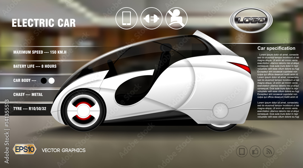 Realistic 3d Electric car infographic concept. Digital Vector Electric ...