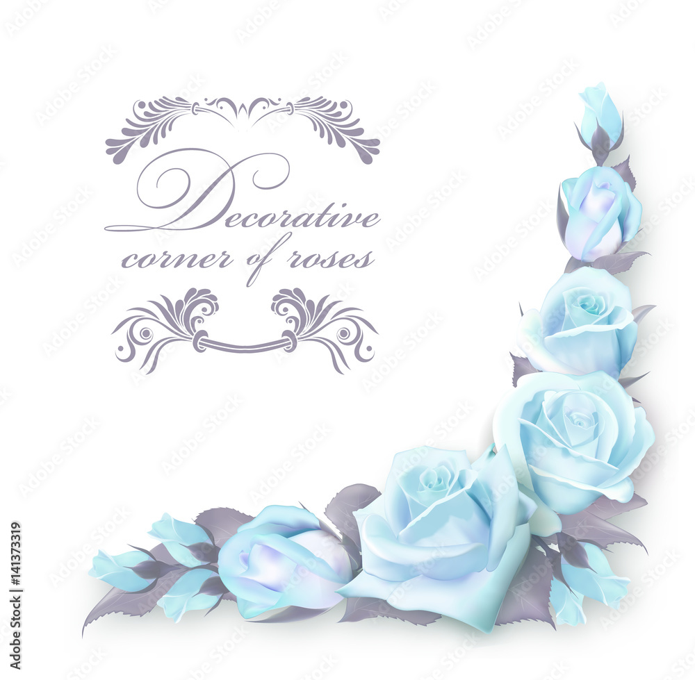 Vector corner background with blue roses and green leaves. Stock Vector ...