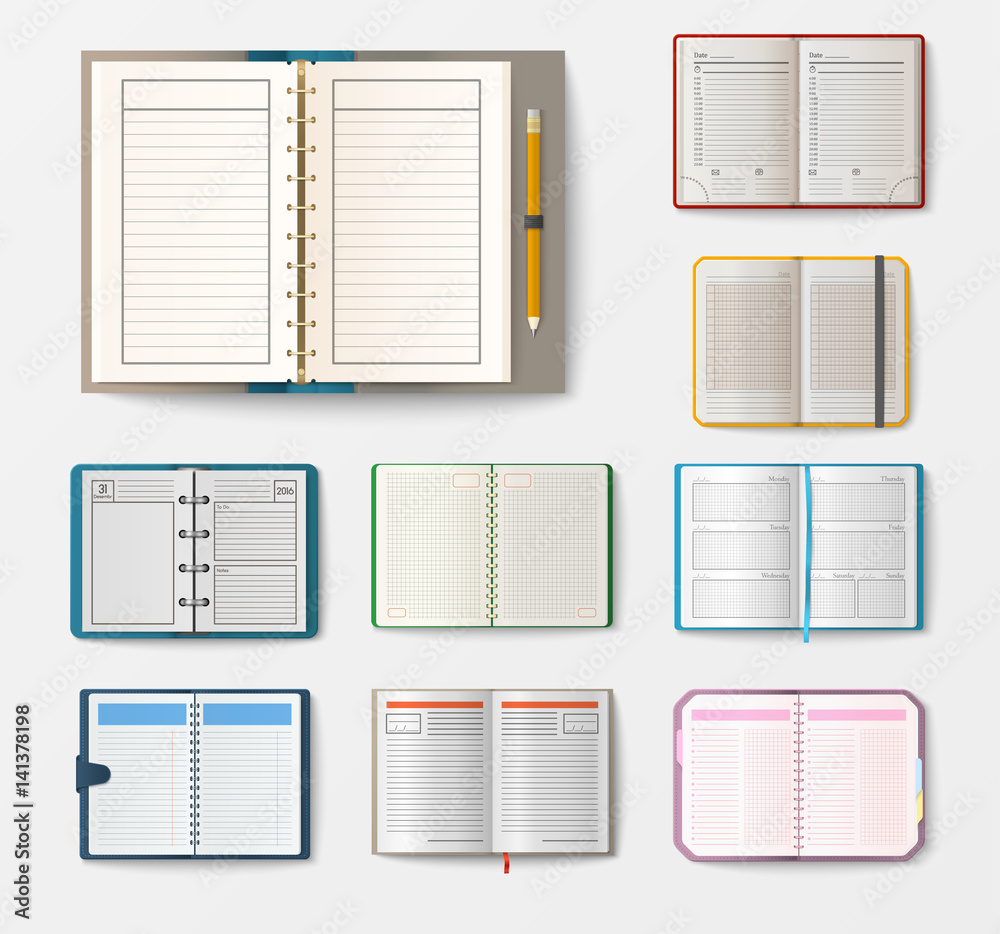 Set of open realistic notebooks with pages diary office sheet template ...