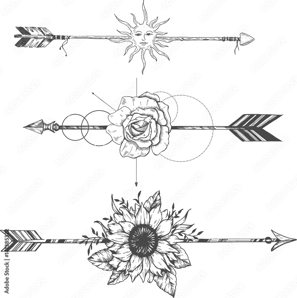 Tribal arrow set in ethnical pattern with feathers, sun face and wild ...