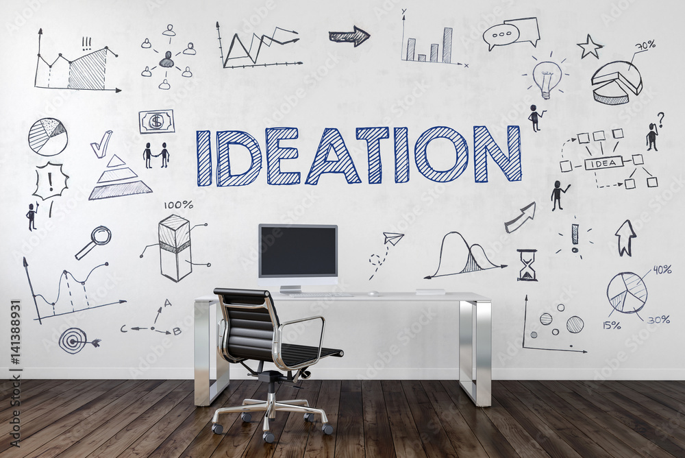 IDEATION | Desk in an office with symbols Stock Illustration | Adobe Stock