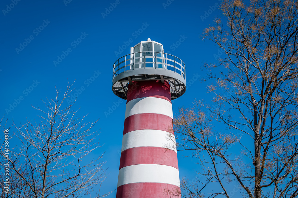 Isolated red and white lighthouse with tree and branch. Lighthouse with ...