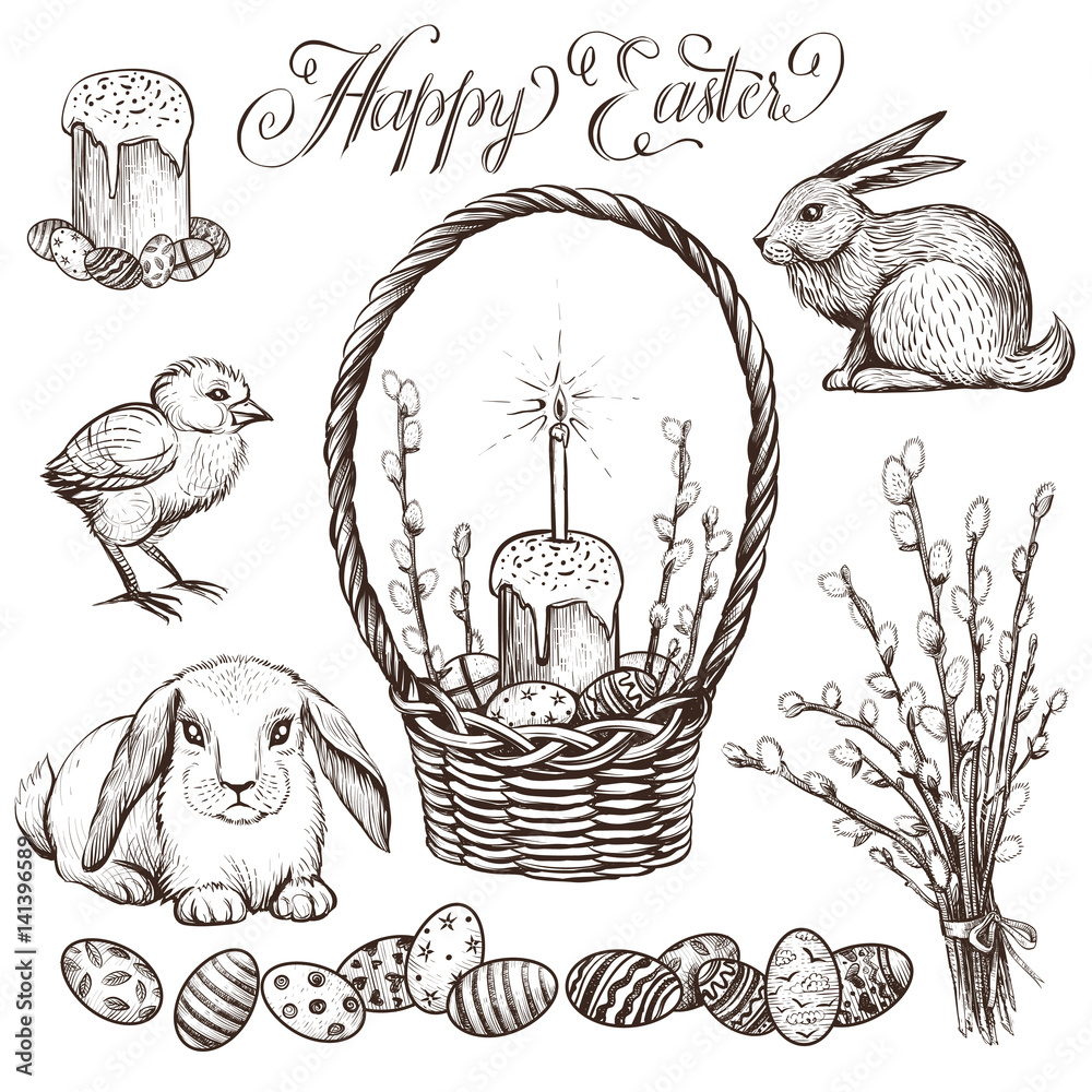 Easter vintage hand drawn vector illustrations set. Stock Vector ...