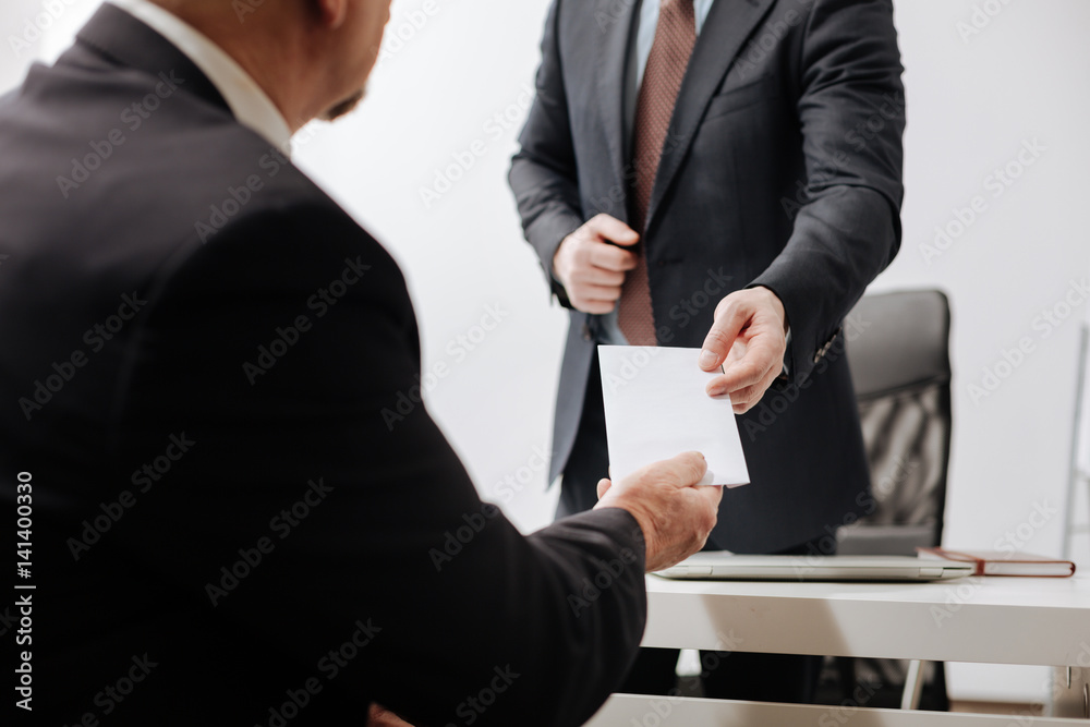 Confident employee giving the dismiss notice to the employer Stock ...