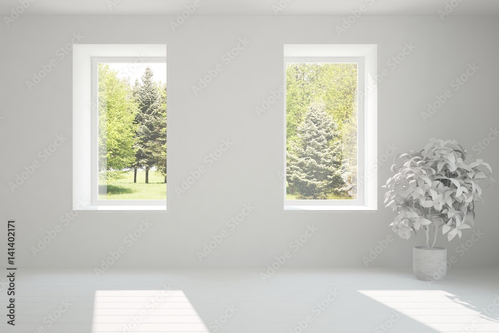 White empty room with green landscape in window. Scandinavian interior ...