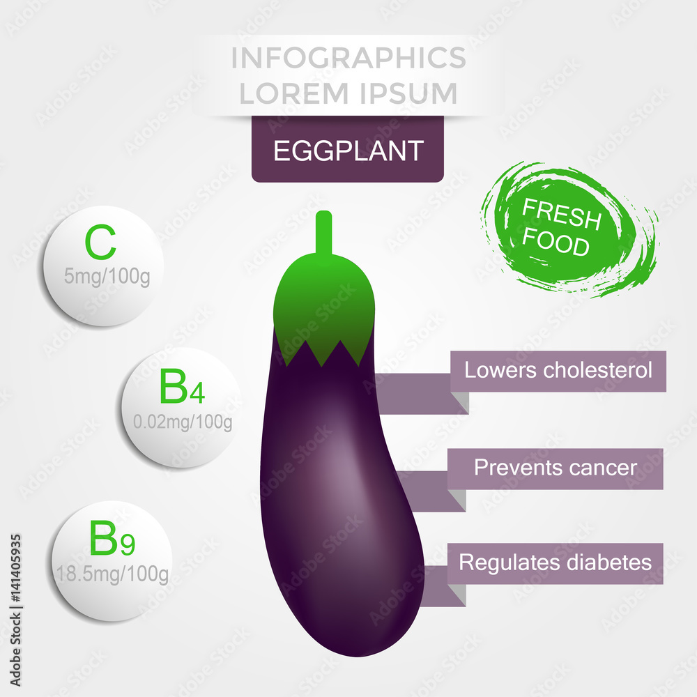 Healthy vegetables infographics with eggplant, vitamins and minerals ...