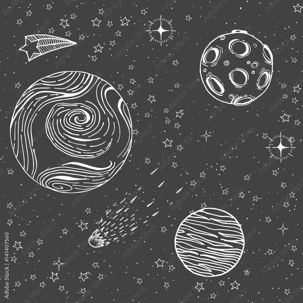 Hand drawn vector illustration of Space in cartoon style on chalkboard ...