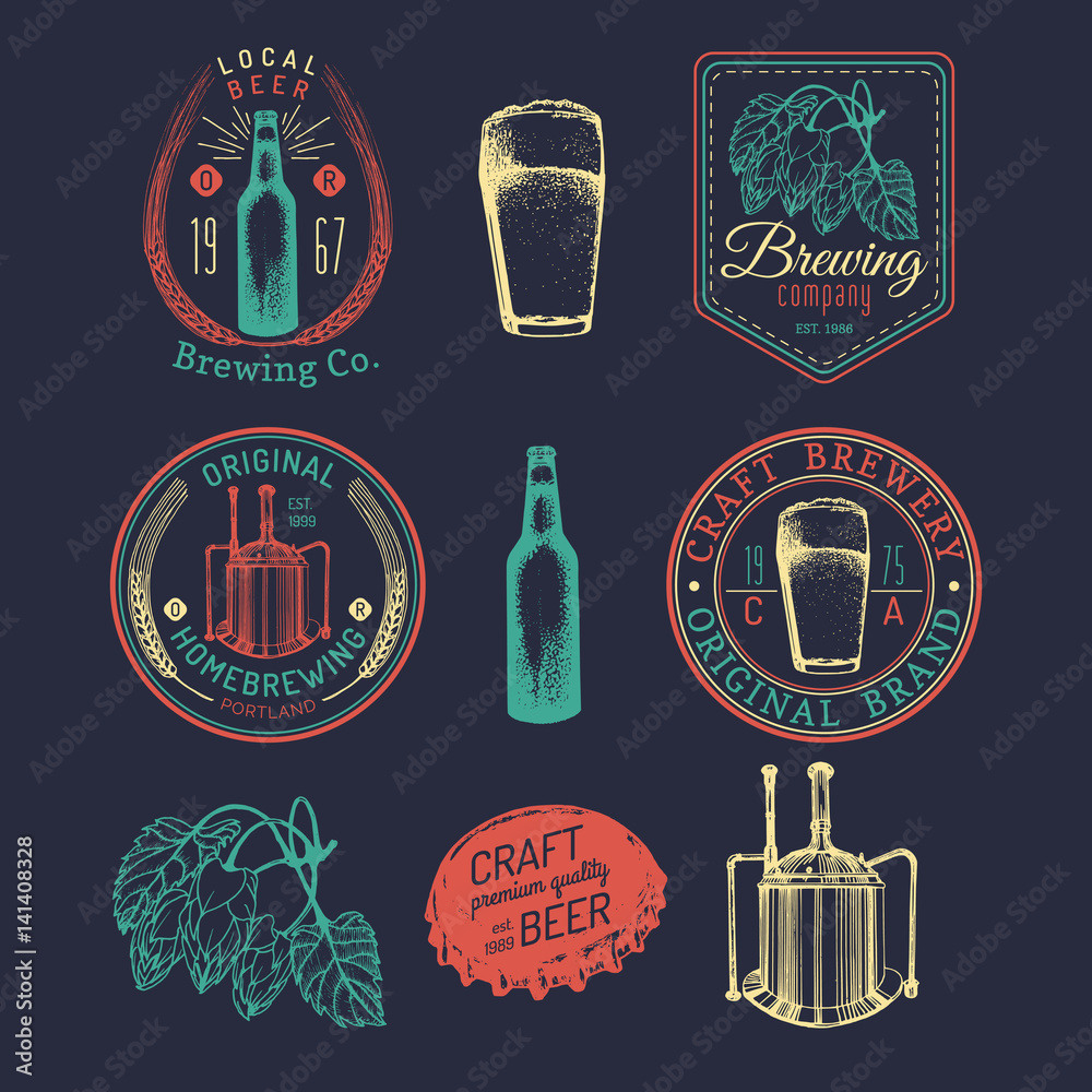Old brewery logos set. Kraft beer retro signs with hand sketched glass ...