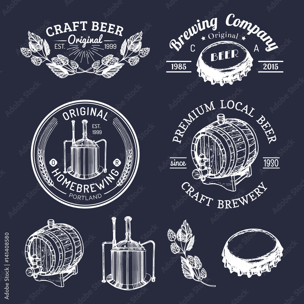 Old brewery logos set. Kraft beer retro signs with hand sketched glass ...