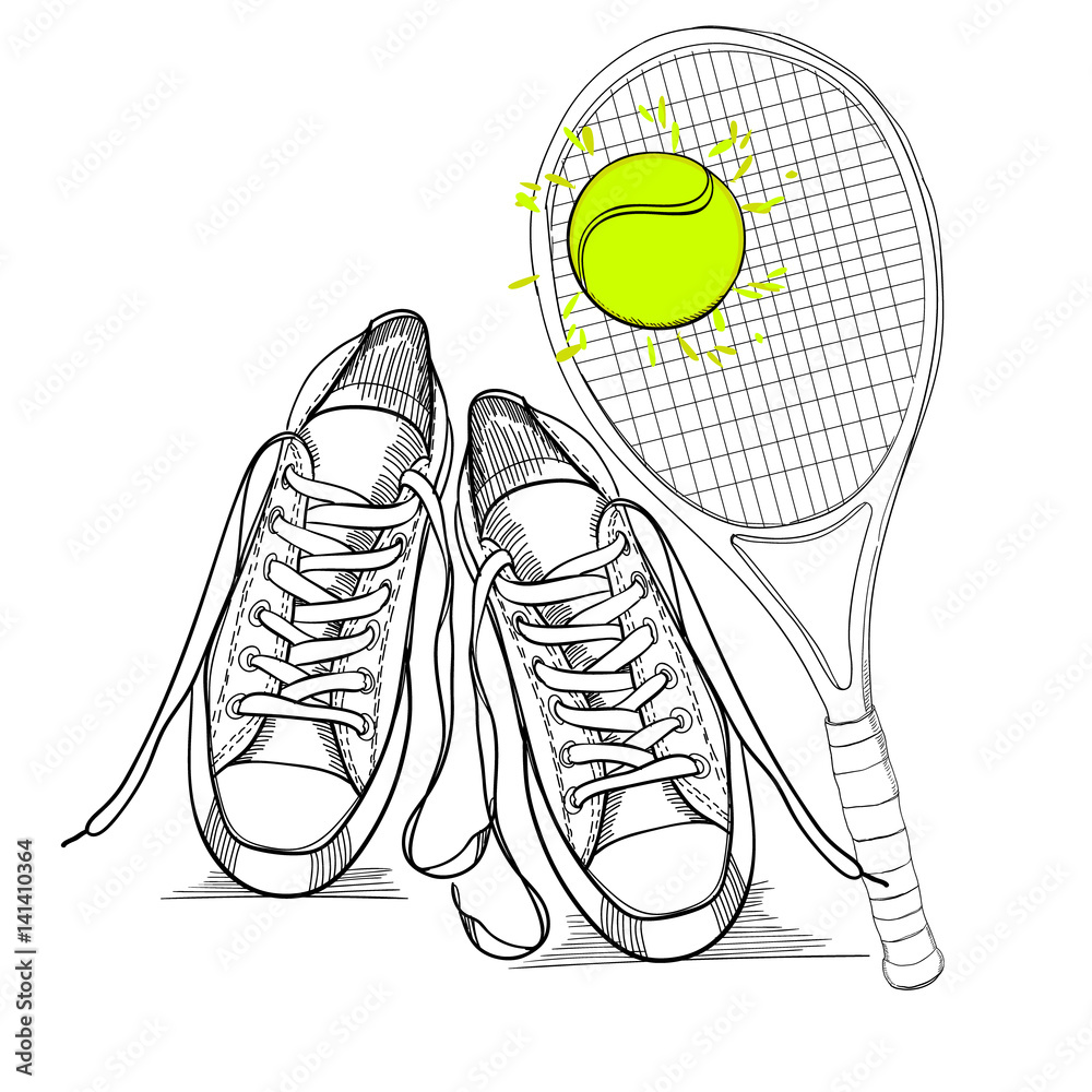 illustraton of drawing isolated objects sneakers withtennis racquet and ...