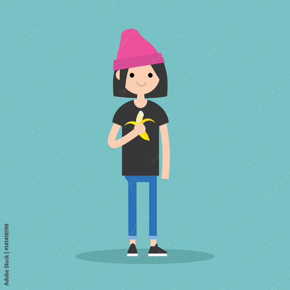 Young Brunette Girl Eating Banana Flat Editable Vector Illustration Clip Art Stock Vector