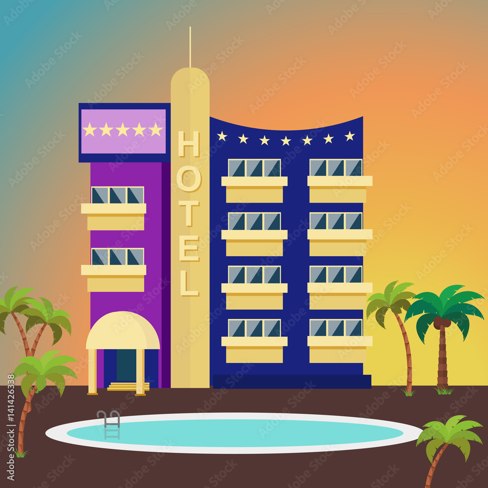 Luxurious hotel on a colorful background surrounded by palm trees and a ...