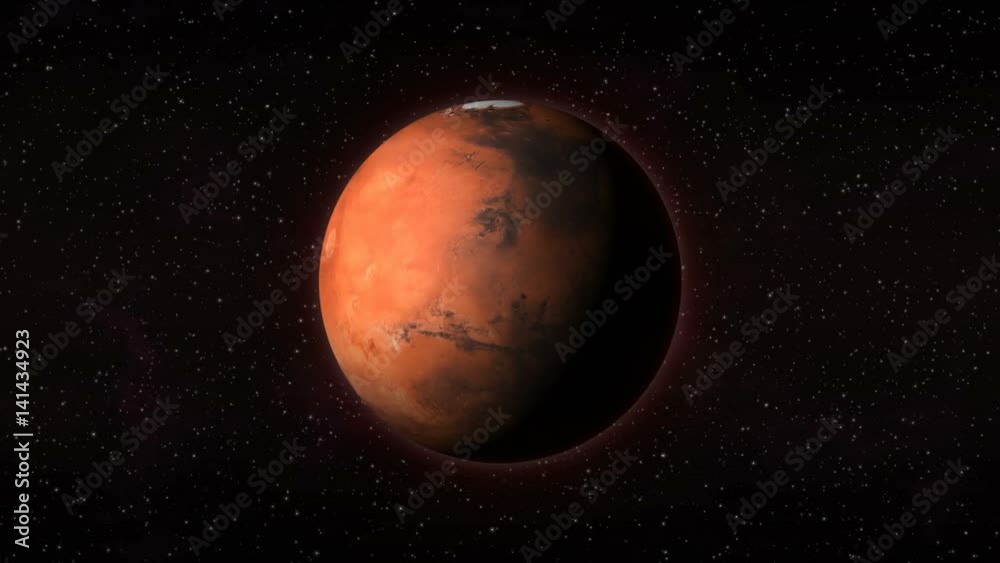Planet Mars in outer space, spinning around its axis with stars in the ...