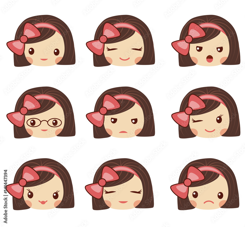 Cute girl face with red bow showing the different emotions vector ...