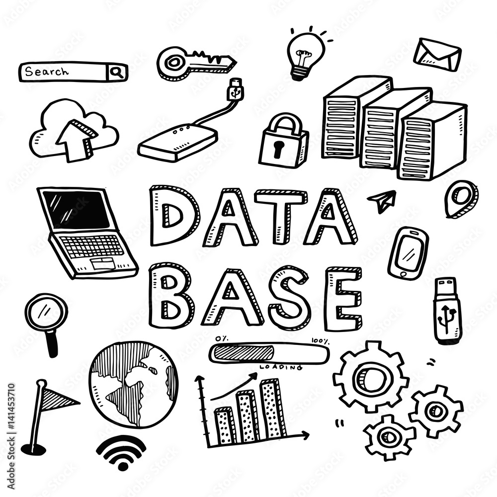 Hand draw business doodles database icons and words set on white ...