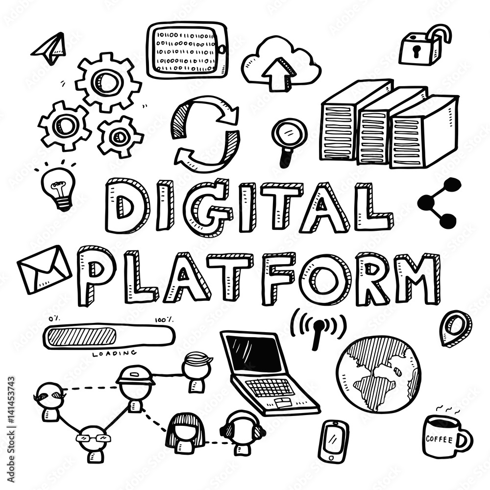 Hand draw business doodles digital platform icons and words set on ...