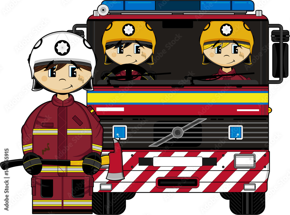 Cute Cartoon Firefighters and Fire Engine Stock Vector | Adobe Stock