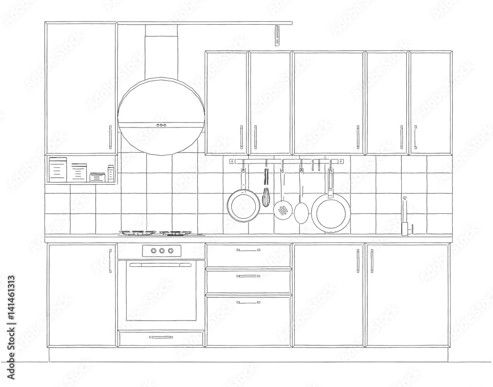 Line drawing of kitchen cabinetry with round hood isolated black and ...
