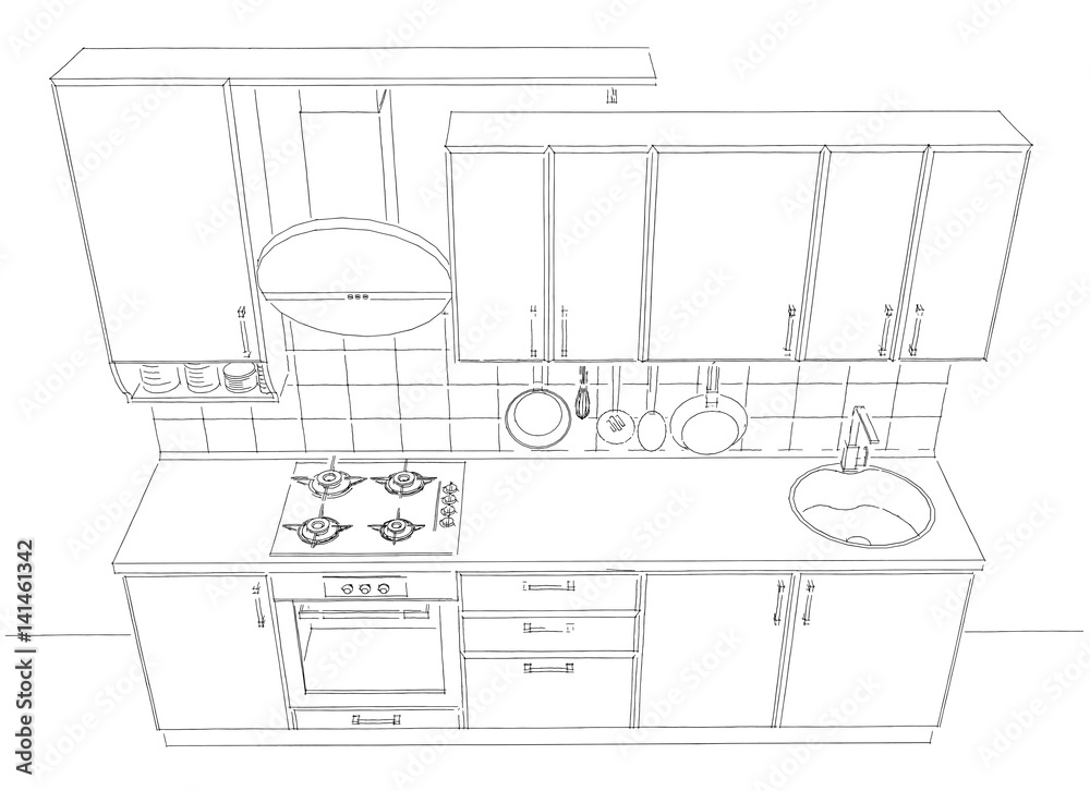 Line drawing of small kitchen interior with round hood isolated black ...