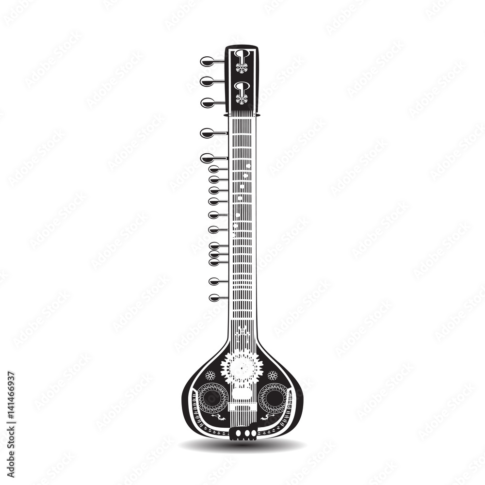 Vector illustration of black and white sitar isolated in flat style ...