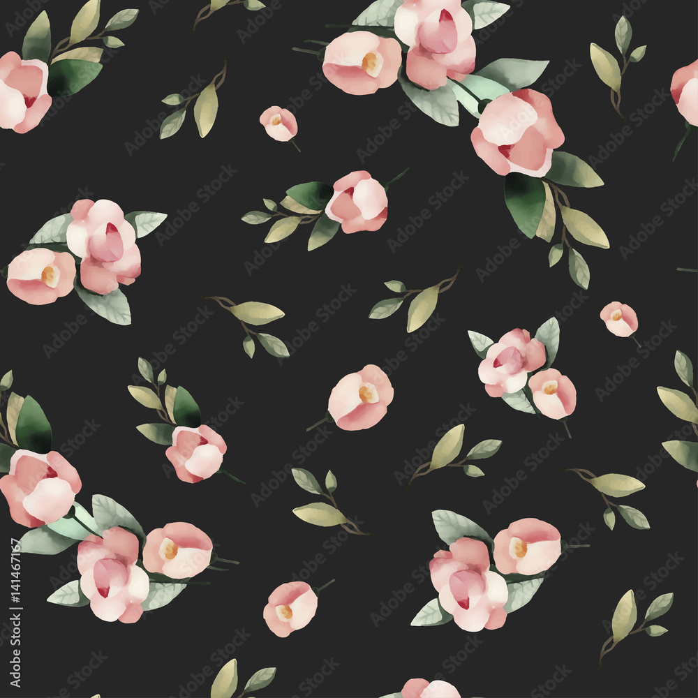 Pastel watercolor hand drawn paint pink flower seamless pattern. Stock ...